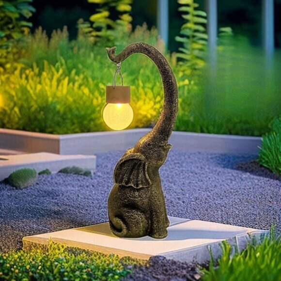 Accents | New Elephant Statue Solar Garden Decor With Glass Ball Lights ...